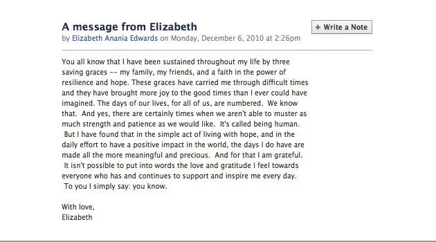 Elizabeth Edwards Posts Apparent Goodbye Message - CBS News