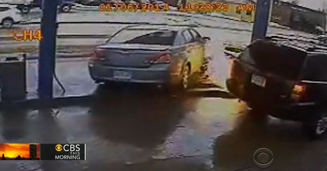 Driver hits gas station attendant and pump, causes fire - CBS News
