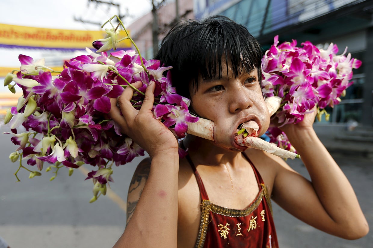 Bizarre piercings at Phuket Vegetarian Festival