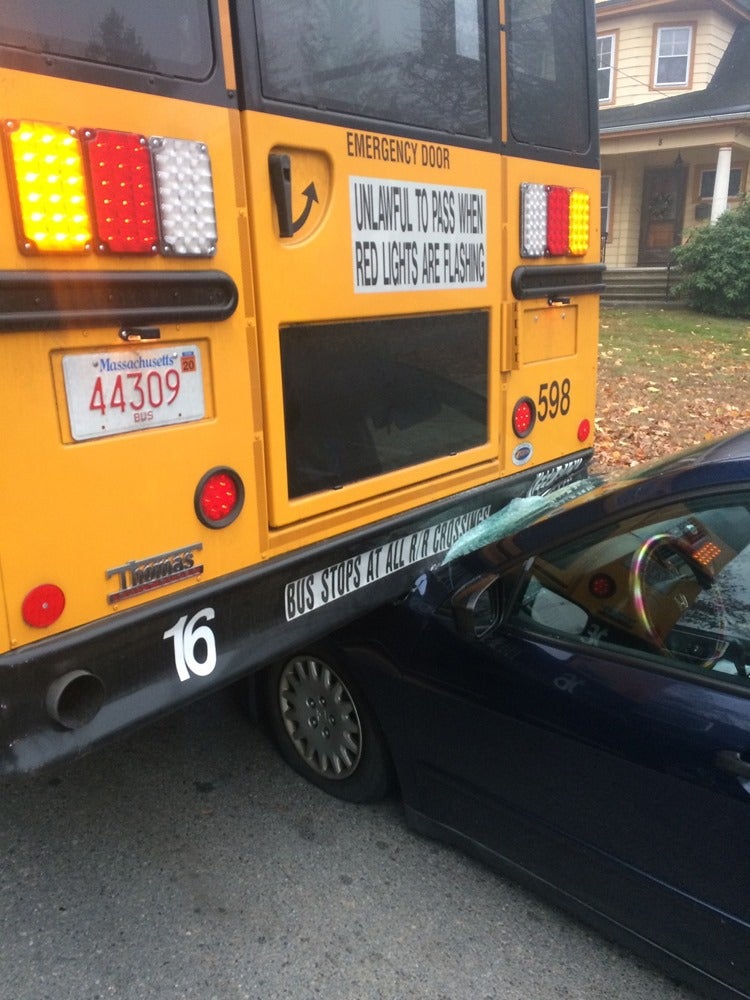 Car Wedged Underneath School Bus After Crash In Billerica - CBS Boston