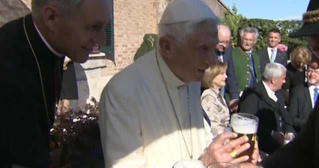 Pope Benedict XVI enjoys a beer for 90th birthday - CBS News