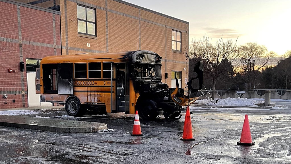 PHOTO: Bus Charred After Catching Fire Outside Elementary School In ...