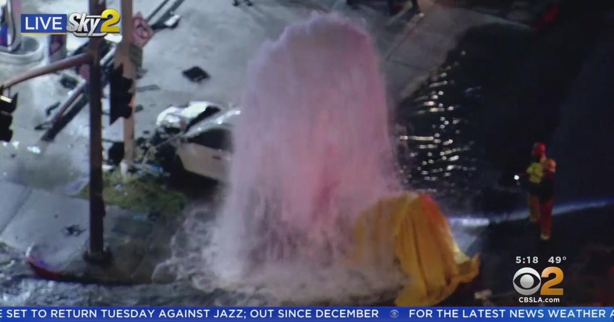 Crash shears hydrant in Exposition Park - CBS Los Angeles