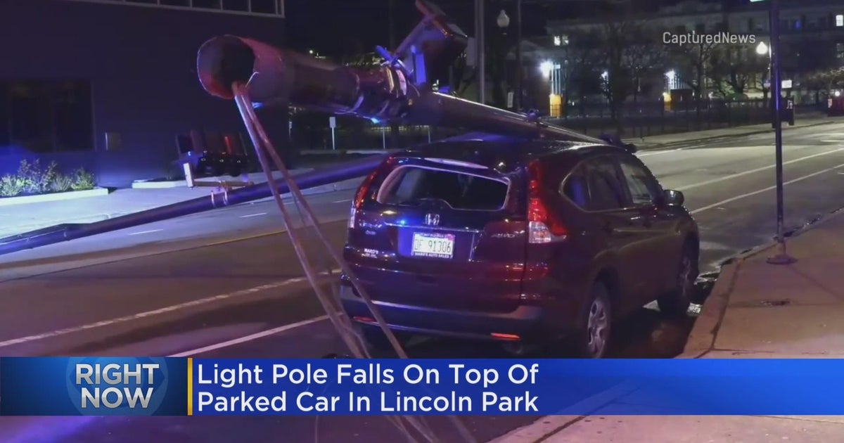 Light pole falls on parked car in Lincoln Park - CBS Chicago
