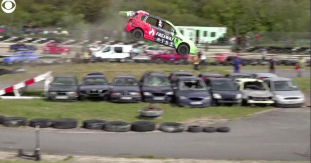 British drivers strap themselves in for car-jumping competition - CBS News