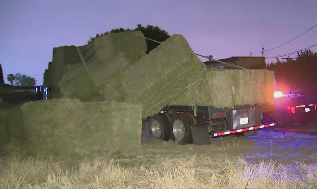 Overturned tractor trailer spills 1,000 pounds of hay bales onto 710 ...