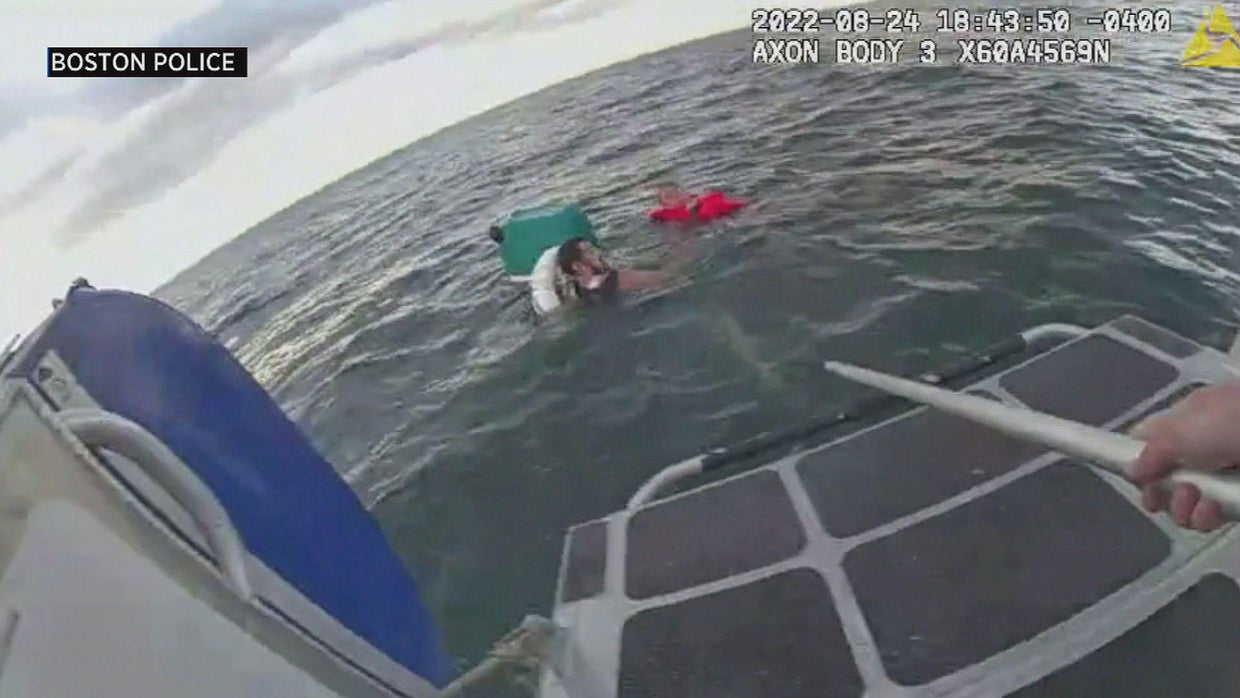 Father and son thank officers after Boston Harbor rescue - CBS Boston