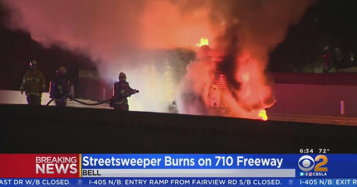 Street sweeper catches fire on 710 Freeway - CBS Los Angeles