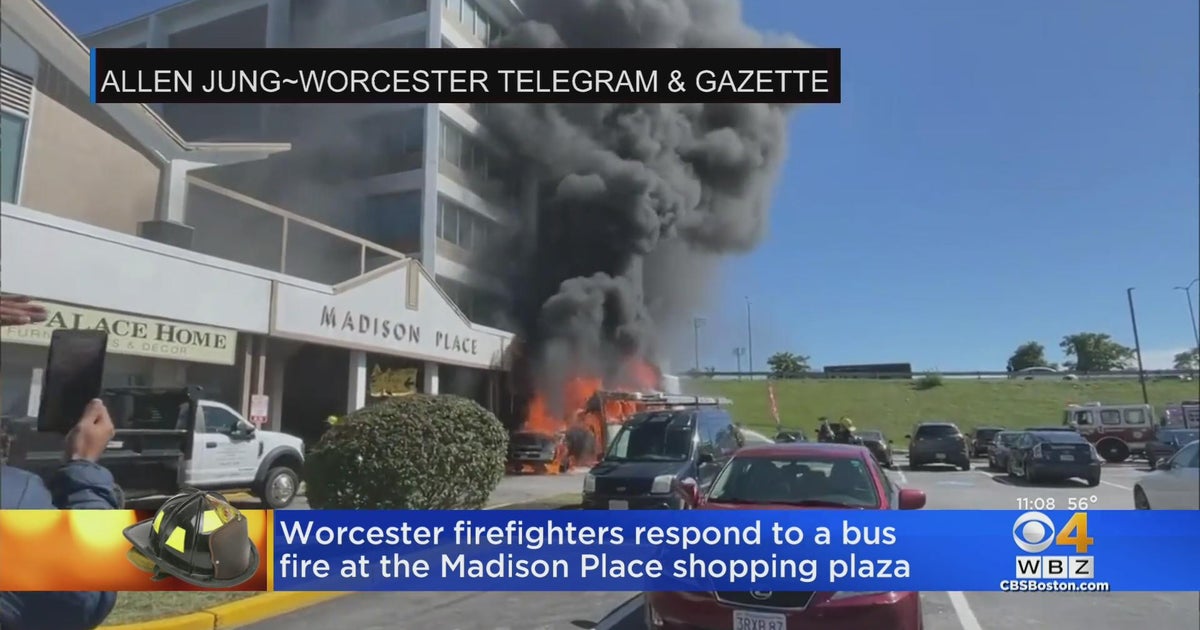 Bus goes up in flames next to Worcester building - CBS Boston