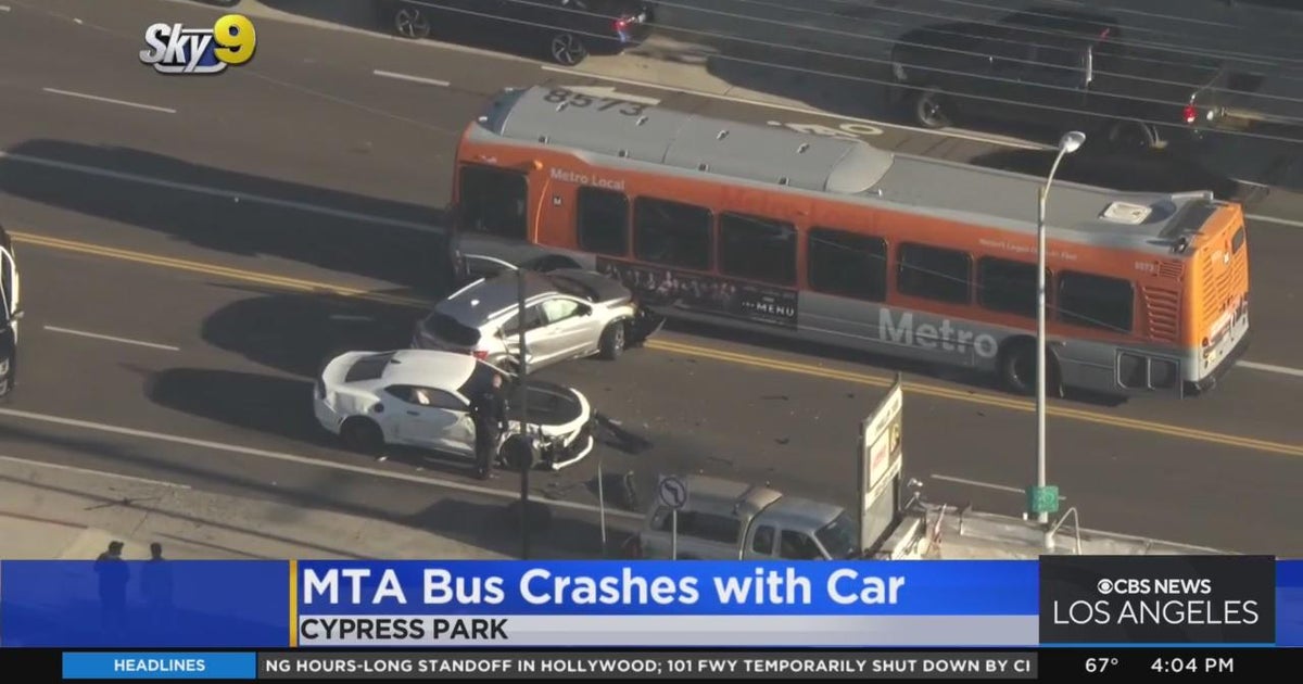 1 hospitalized after MTA bus crashes with car in Cypress Park - CBS Los ...