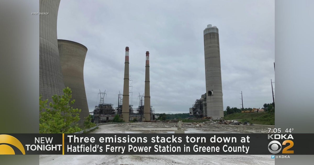 Three emission stacks torn down at Hatfield's Ferry Power Station - CBS ...