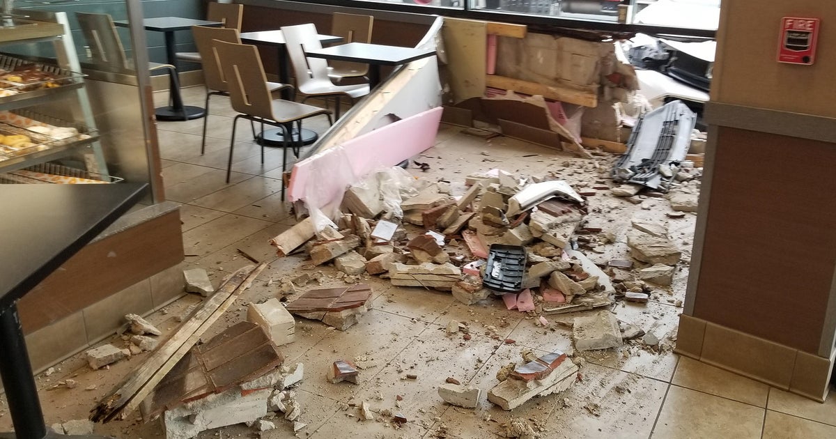Car crashes into Chelsea Dunkin', scattering debris inside - CBS Boston
