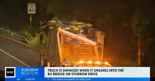 Truck damaged after hitting BU Bridge on Storrow Drive - CBS Boston