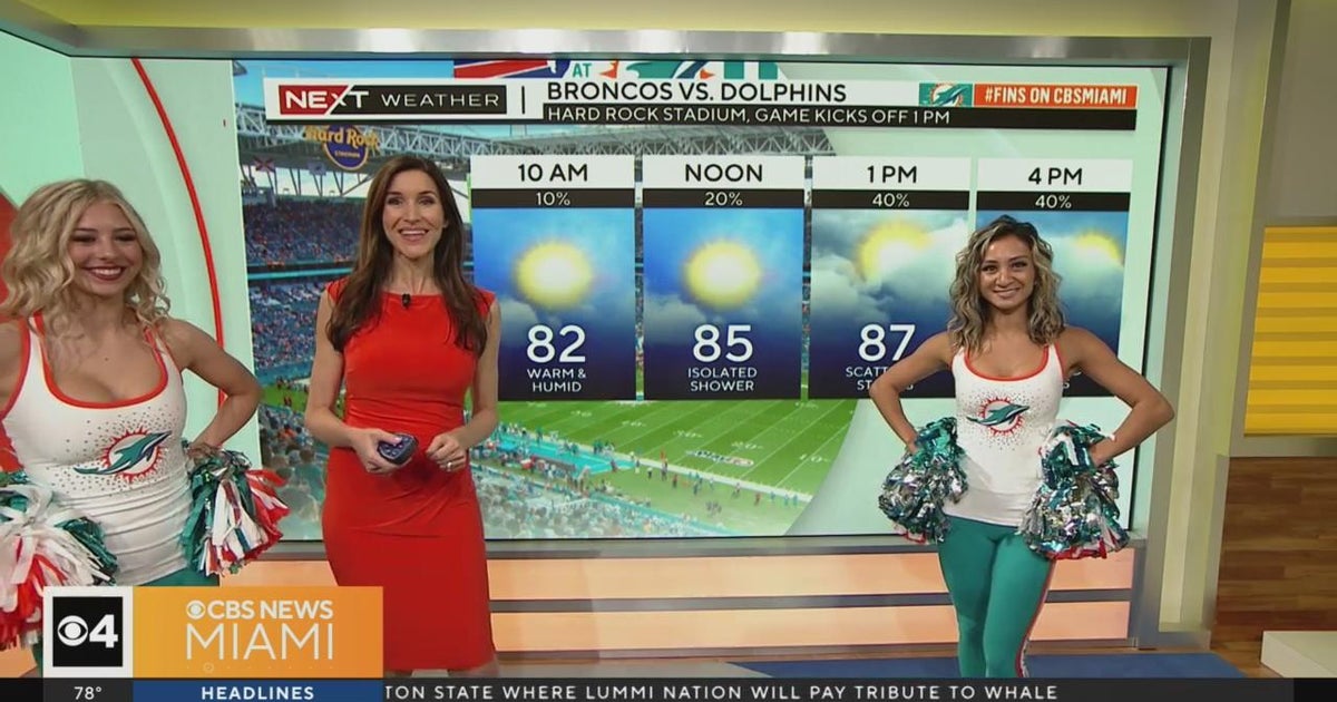 Miami Dolphins cheerleaders stop by to check on the game day forecast ...