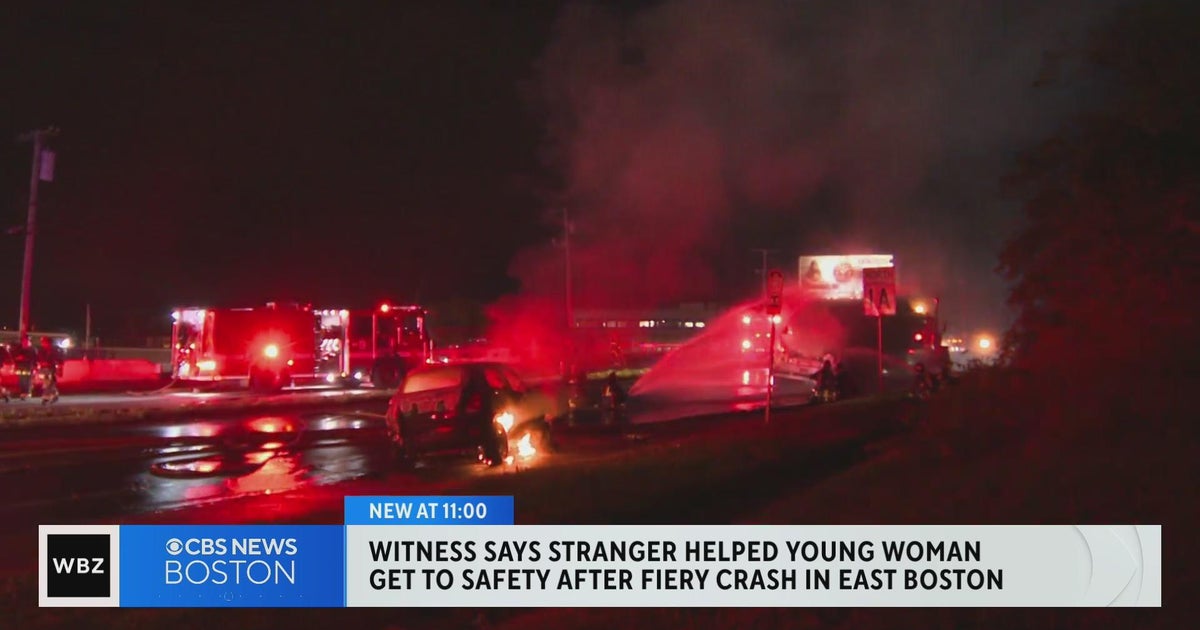 Woman catches on fire after car and tanker crash in East Boston - CBS ...