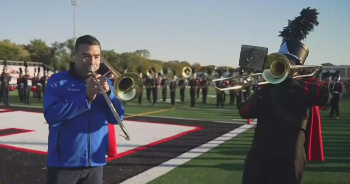 CBS 2 Chief Meteorologist Albert Ramon tests out his trombone skills ...