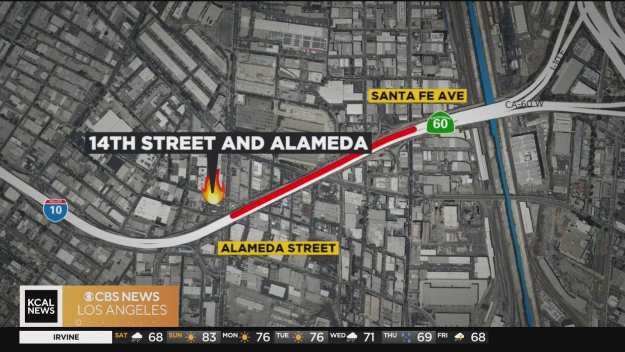Massive downtown LA pallet fire shuts down 10 Freeway interchange - CBS Los Angeles