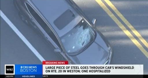 Piece of steel smashes through windshield in Weston - CBS Boston