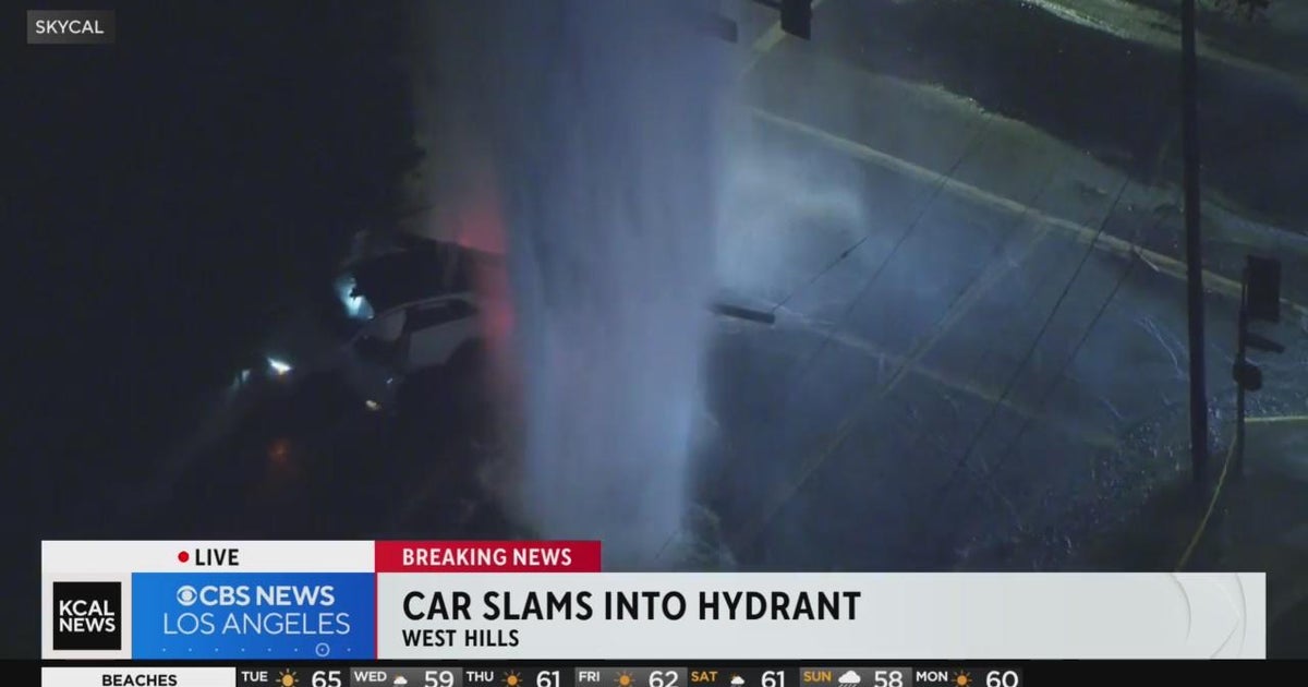 Huge geyser erupts from wrecked fire hydrant West Hills - CBS Los Angeles