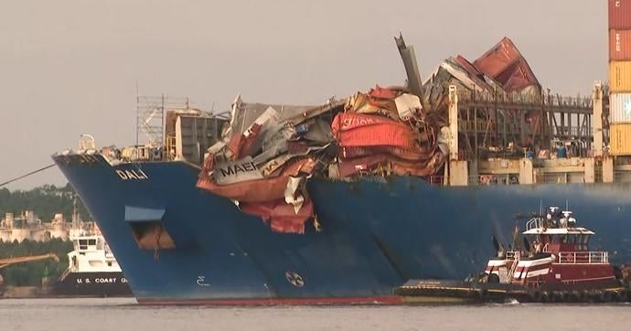 SLIDESHOW: Up-close photos of damage to Dali as ship leaves Key Bridge ...
