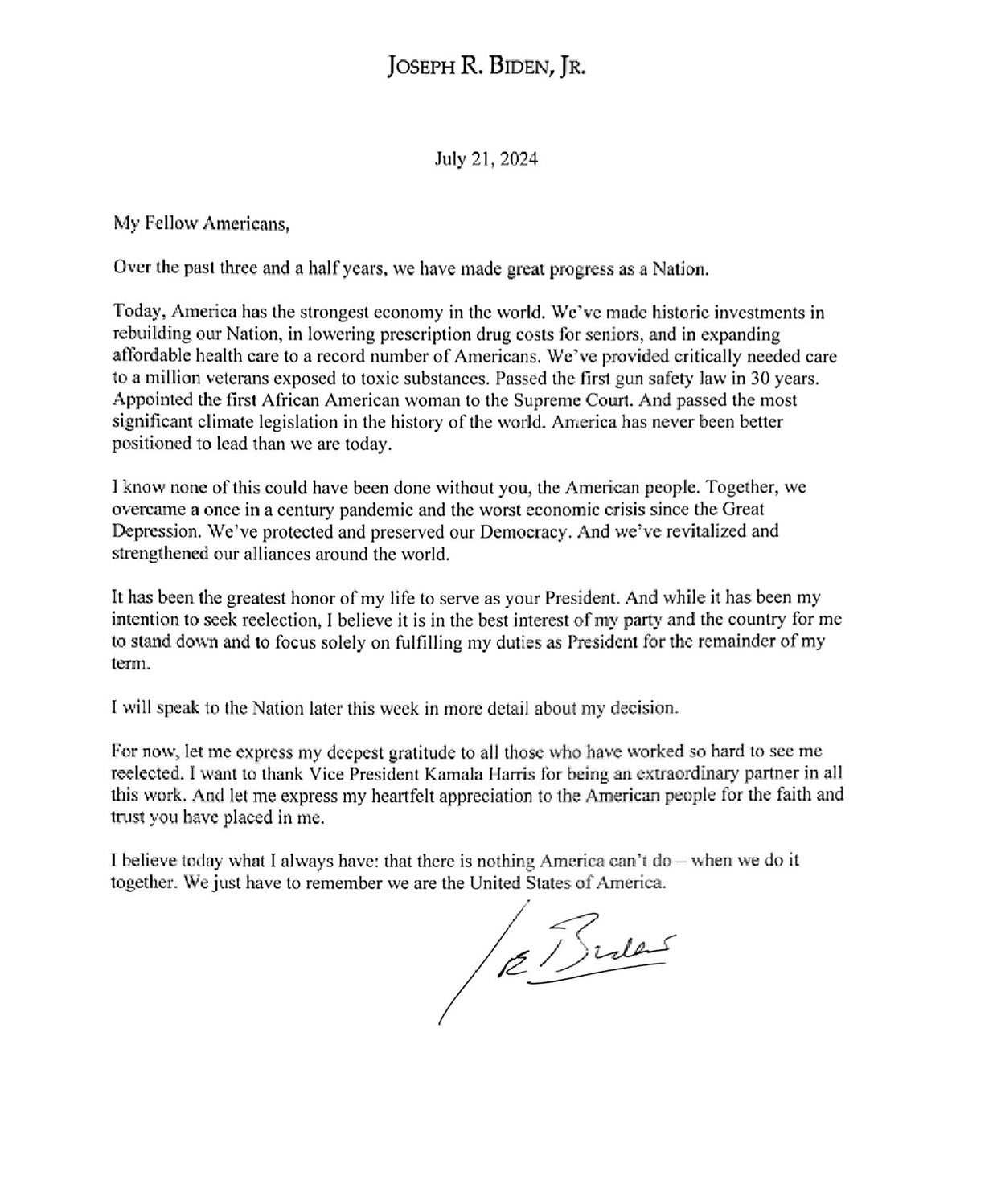 Read President Biden's letter announcing his withdrawal from the 2024 ...