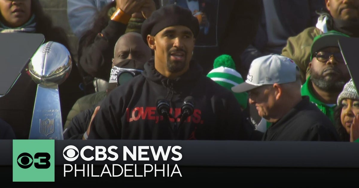 Super Bowl MVP Jalen Hurts gives victory speech at Philadelphia Art ...