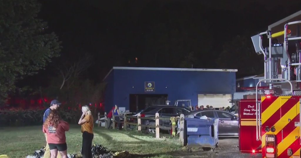 Two firefighters injured, pet killed in late-night auto repair shop ...