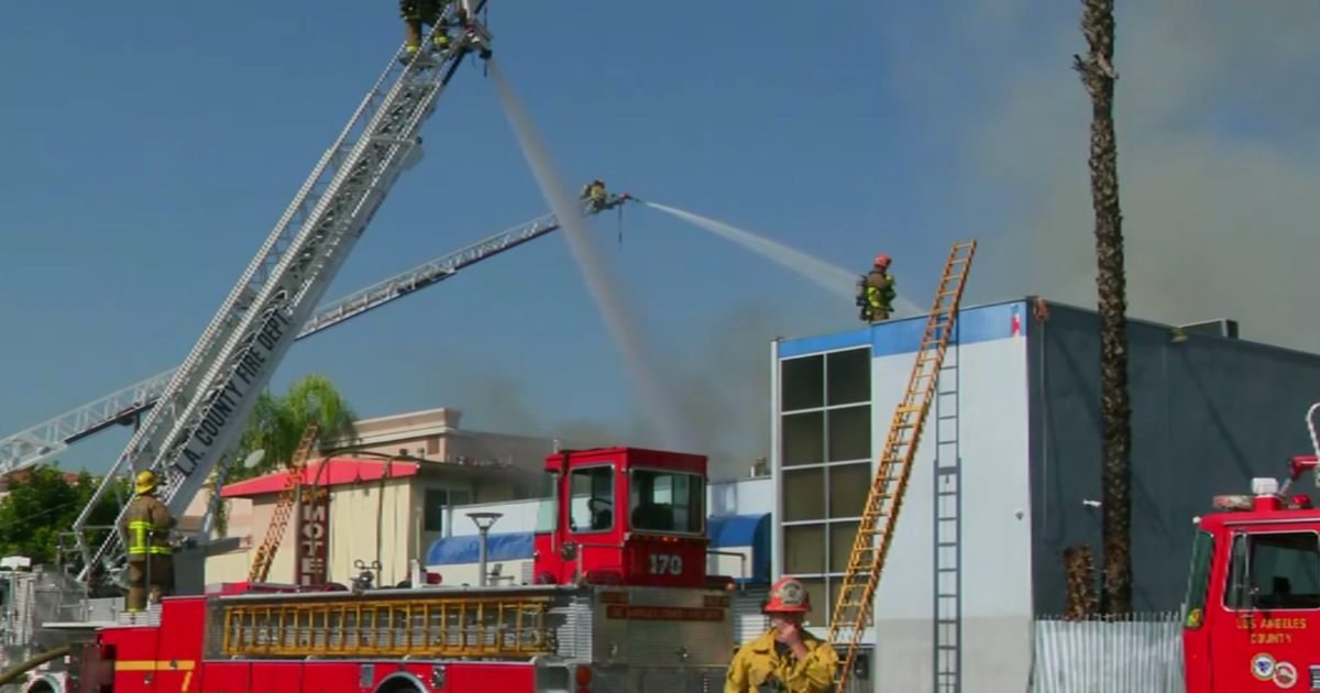Crews battle Inglewood commercial building fire, motel evacuated - CBS ...