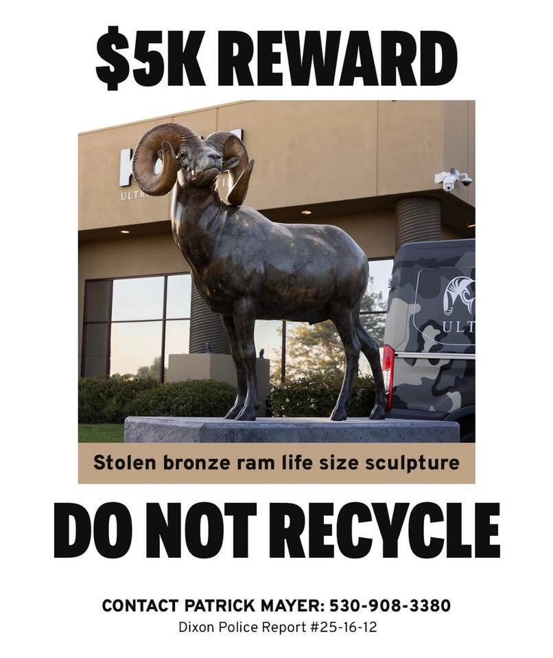 Duo steals life-sized, bronze ram statue from outside Dixon hunting ...