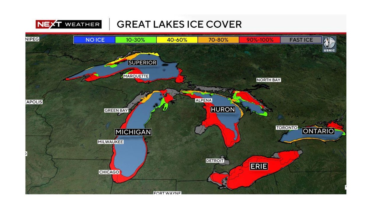 Ice expands on Great Lakes with cold blast; Lake Erie over 90% covered ...
